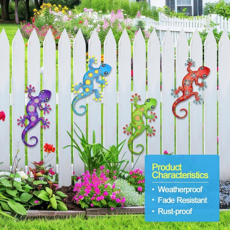 4 Pcs Metal Gecko Outdoor Decorations - Metal Wall Art Hanging ...