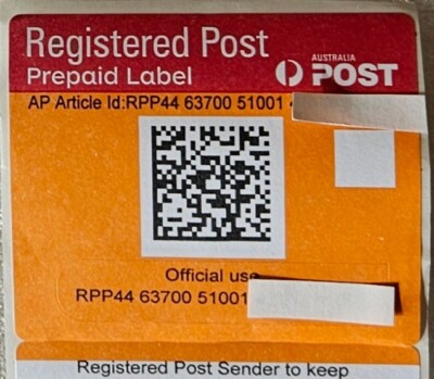 Australia Post Registered Post Prepaid Labels x 25 (Tracking included ...
