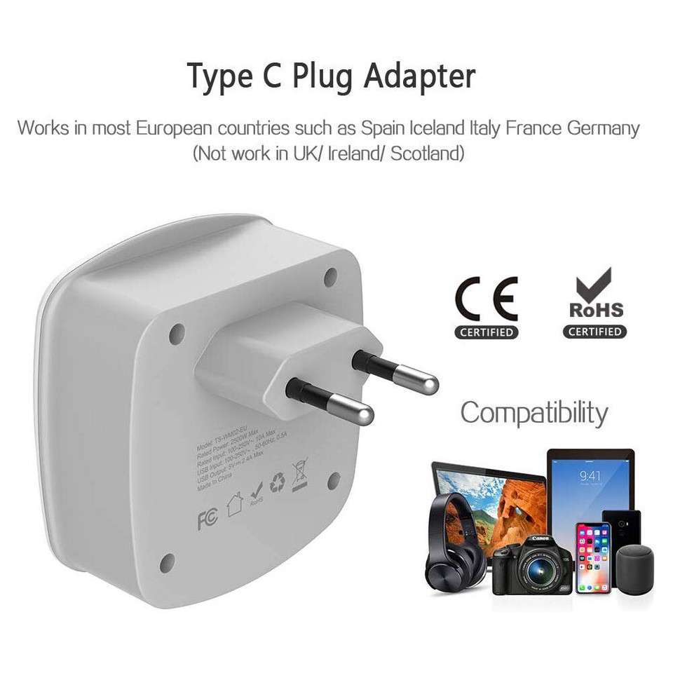 2 USB 2 American Outlets Travel Plug Adapter for USA to EU European ...