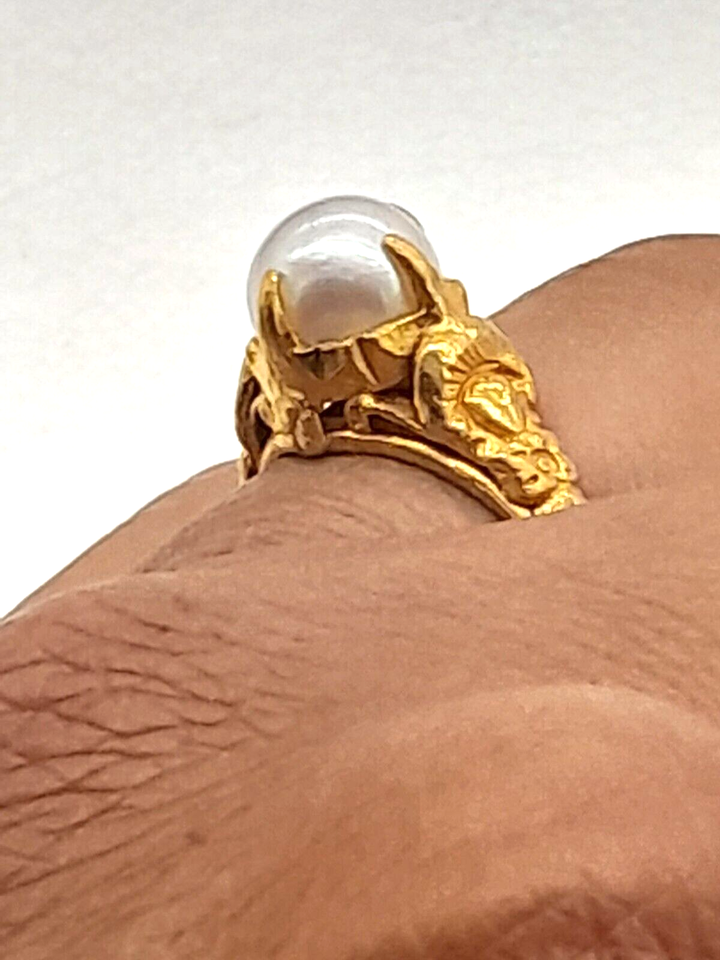 Vintage Stunning Solid 24k gold 8 mm Akoya Pearl claw bezel ring 6.4 g ...