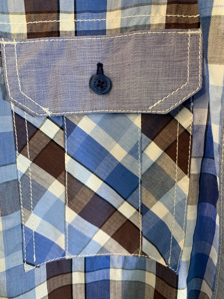 Red Cliff Short Sleeve Men's Blue Brown White Checked Button Up Shirt ...