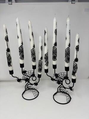 Halloween Spider Web Candle Holder Black With Candles 9” Tall Set Of 2 ...