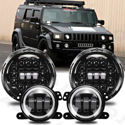 05-10 Hummer H2 H3T 7" INCH Halo LED Headlight DRL & 4" Fog Lights ...