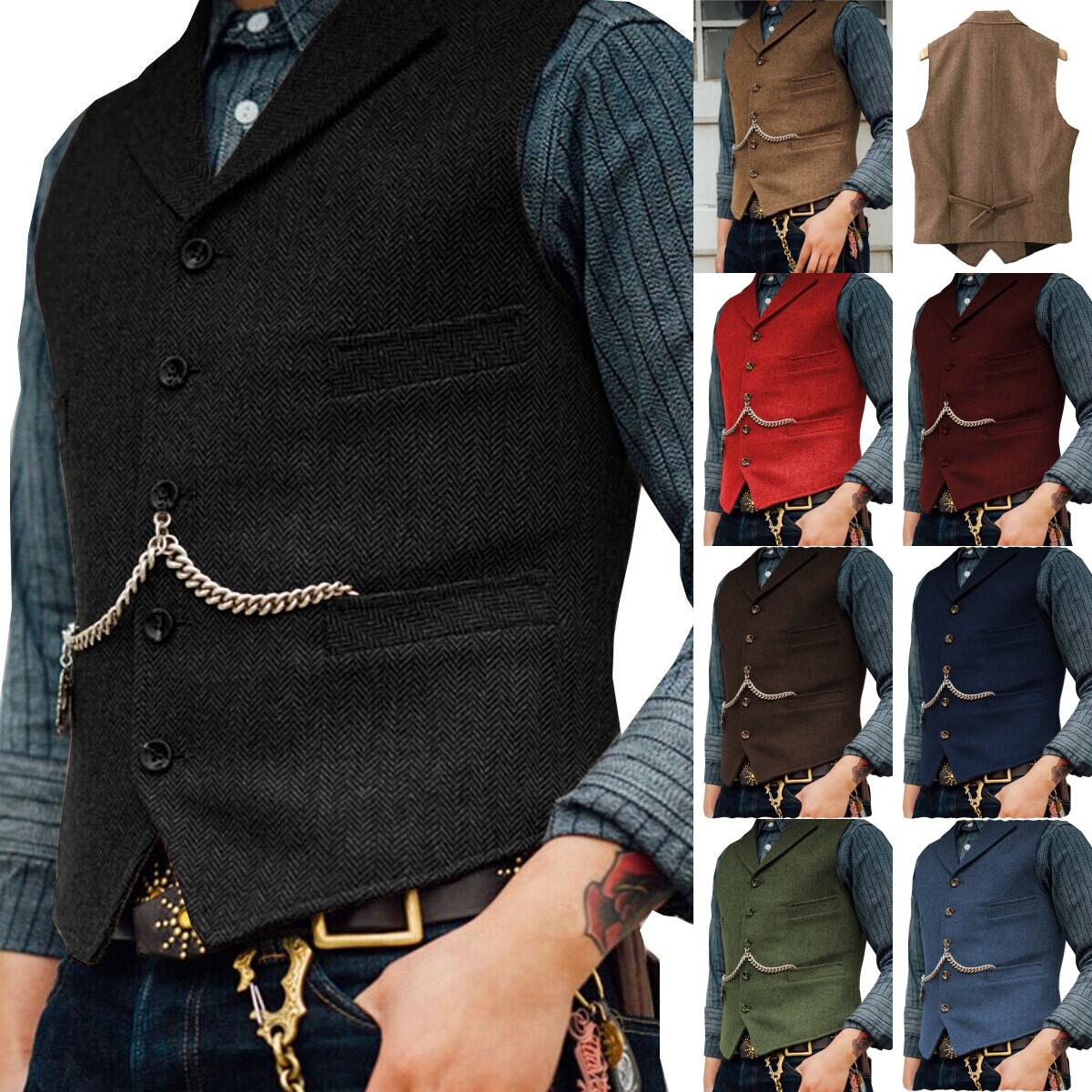 Mens Western Vintage Vest Tweed Wool Herringbone Cowboy Vests M Large ...