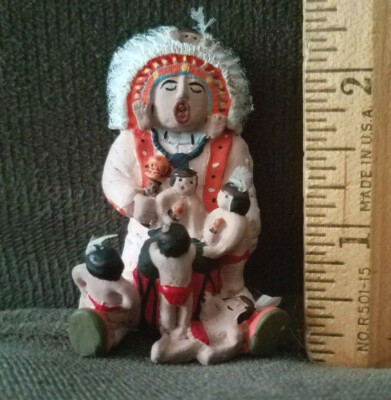 2 1/4" Clay Storyteller Figurine Indigenous Man w headdress with 6 ...