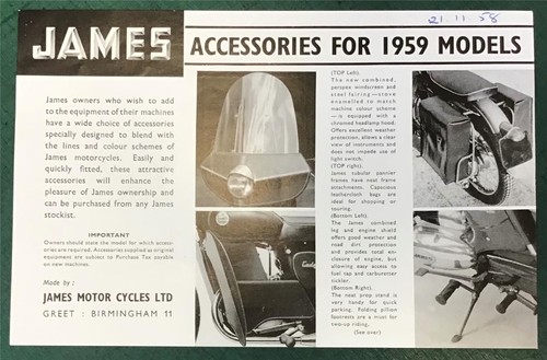 JAMES MOTORCYCLE Accessories Sales Leaflet For 1959 Models | eBay UK