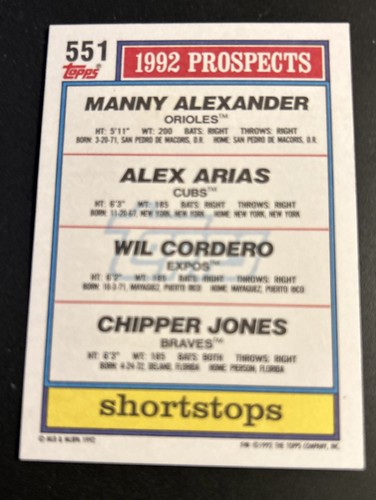 1992 Topps Baseball Top Prospects Shortstops CHIPPER JONES #551 Rookie ...