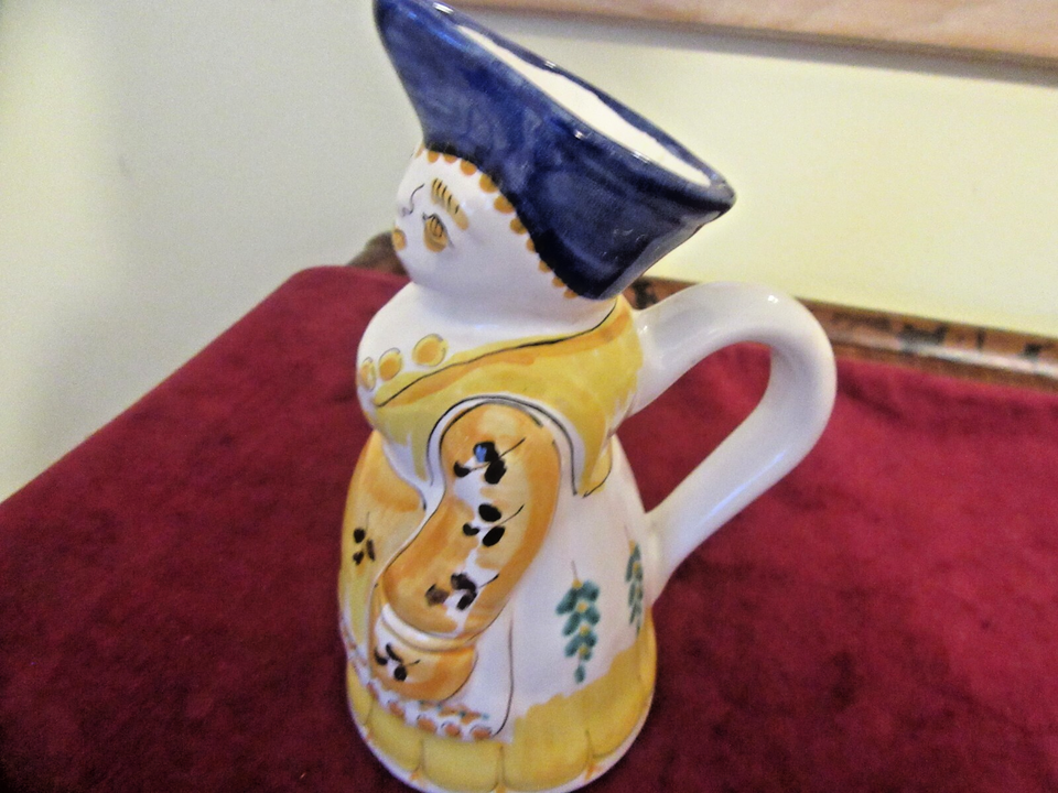Italian Pitcher, hand painted woman, blue and yellow dress 6" tall ...