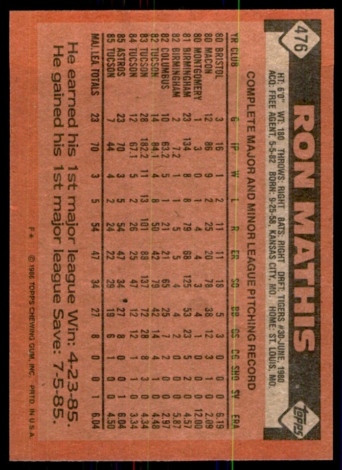 1986 Topps Baseball Card Ron Mathis Rookie A Houston Astros #476 | eBay