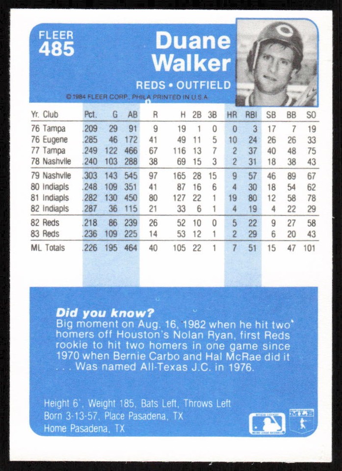 1984 Fleer #485 Duane Walker - FREE SHIPPING | eBay
