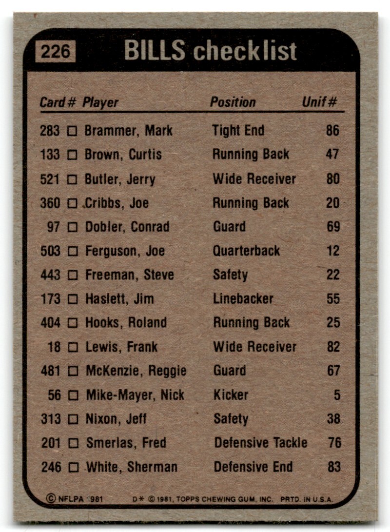 1981 Topps Joe Cribbs/Jerry Butler/Steve Freeman/Ben Williams Buffalo ...