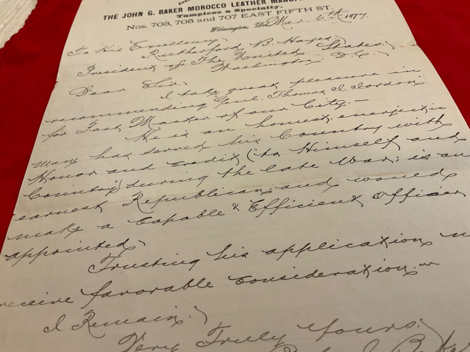 1457 DELAWARE LETTER TO PRES RUTHERFORD B HAYES 1877 RECOMMENDING CIVIL ...