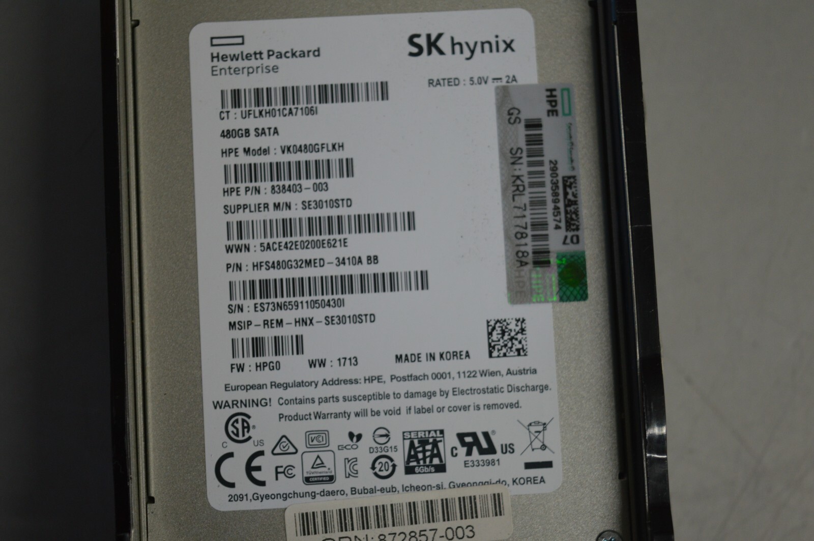 SK Hynix HPE SATA VK0480GFLKH 480GB 2.5" SSD HFS480G32MED-3410A 872889 ...