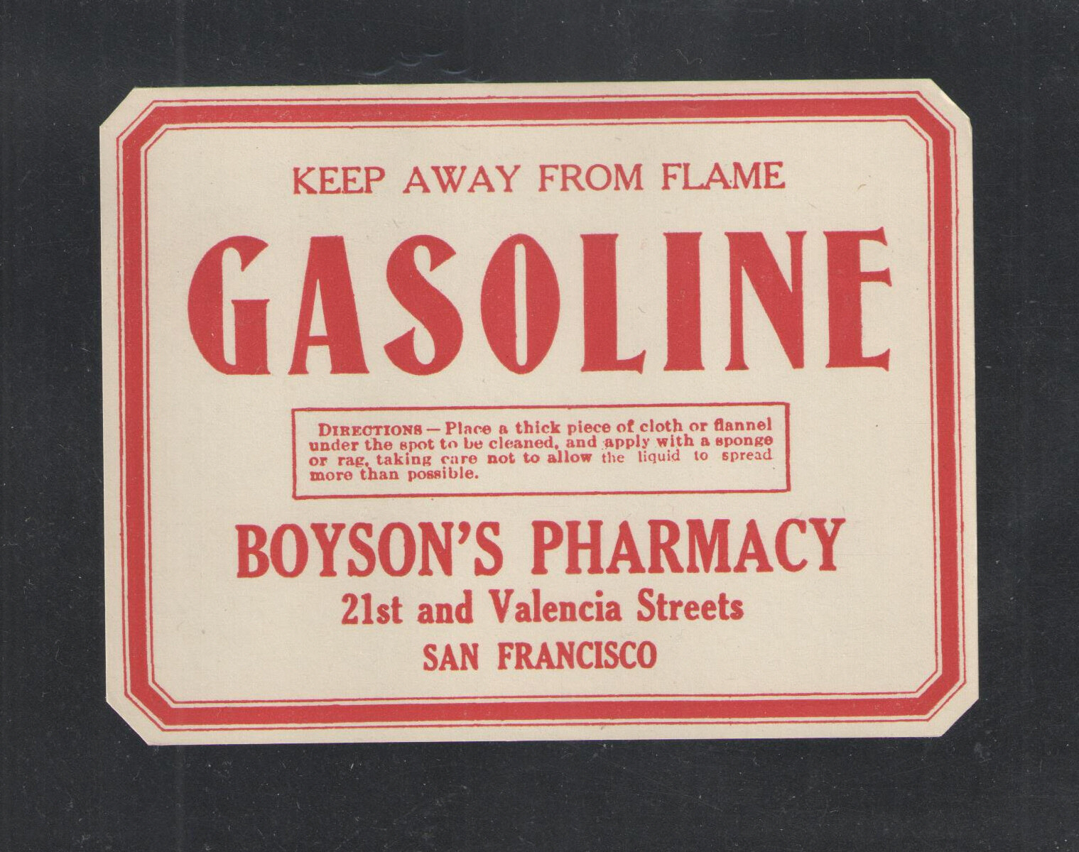 1930s GASOLINE LABEL = BOYSONS PHARMACY SAN FRANCISCO CALIFORNIA ...
