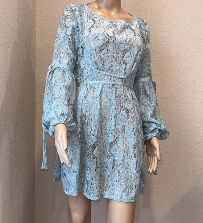 Free people beautiful blue lace sheer mini dress Sz S - Gem