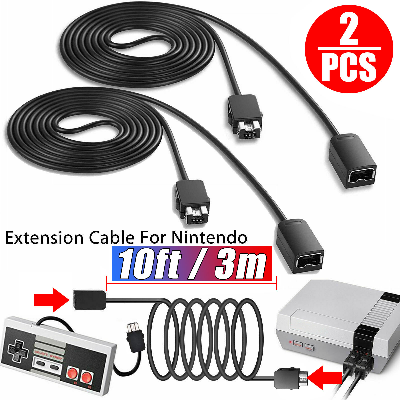 2Pcs 10FT Extension Cable Cord for Nintendo Nes Mini Classic Edition ...