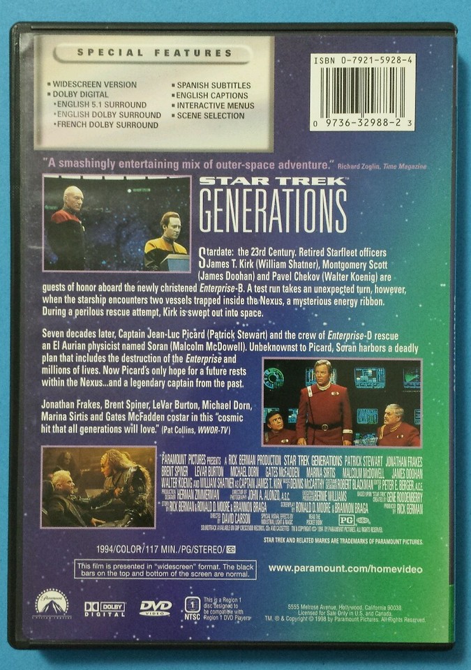 Star Trek: Generations DVD Patrick Stewart William Shatner 97363298823 ...