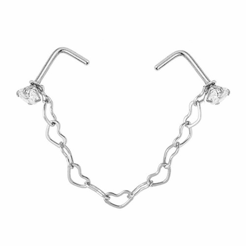 Double Nose Chain Nose Piercing Ring StainlessSteel Love Heart Chain ...