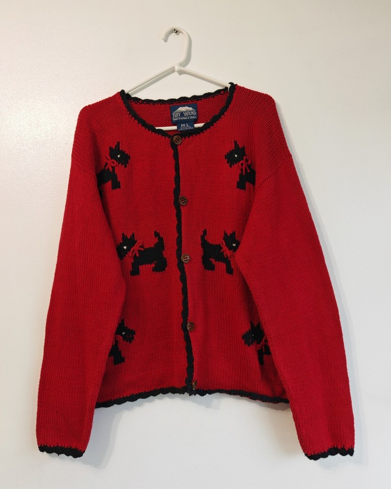 Vintage Rey Wear Hand Knit Cardigan Size UK 22 Red Scotty Dogs 100% ...