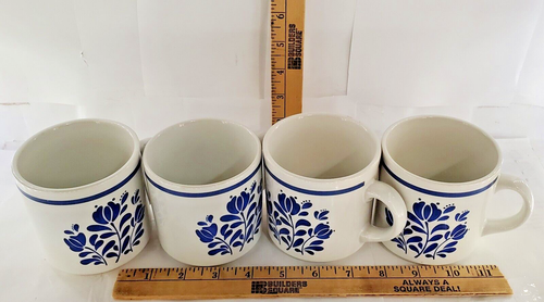 4 JCPenney Deluxe Stoneware Mugs Hand-Crafted Blue Floral Coffee Mugs ...