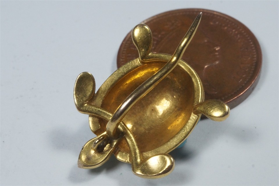 CUTE VINTAGE 9K GOLD TURQUOISE CABOCHON SET LITTLE TURTLE BROOCH / PIN ...