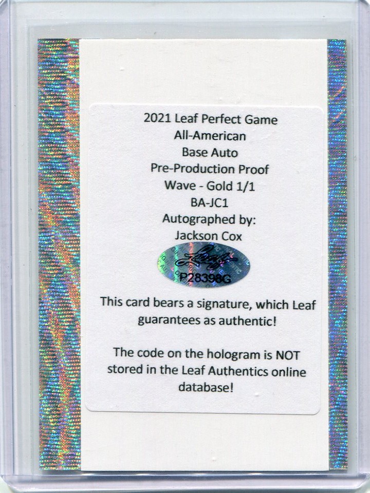 2021 Leaf Perfect Game All American Gold Wave Proof Jackson Cox Auto 1/ ...