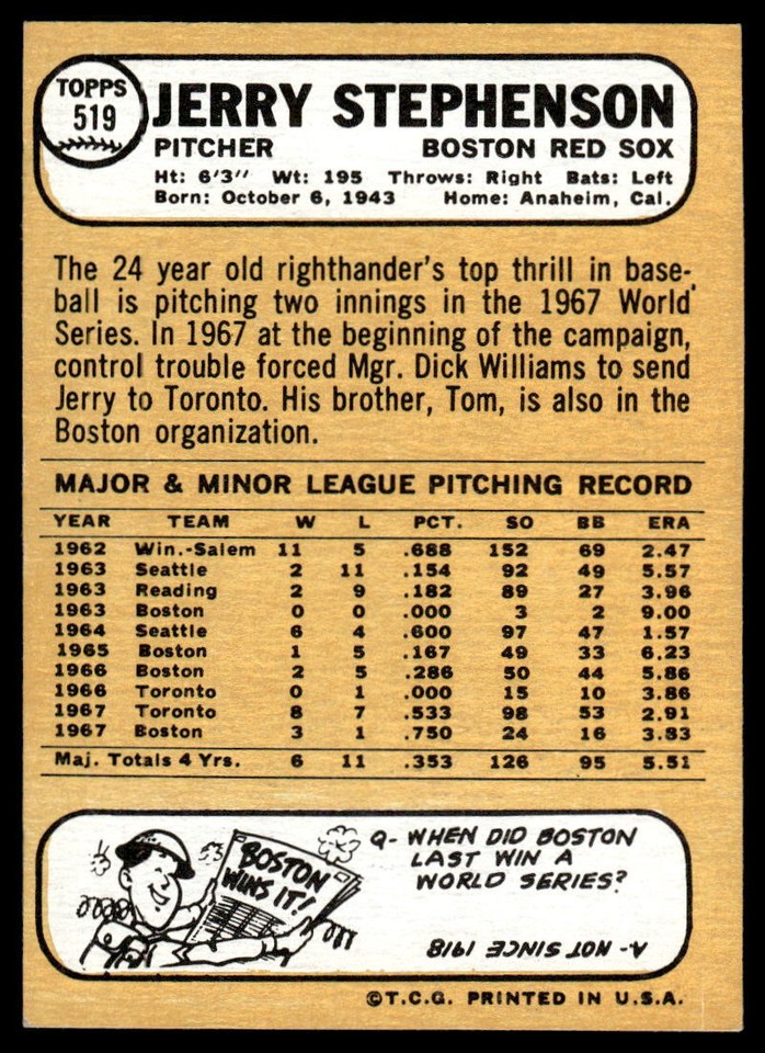 1968 TOPPS JERRY STEPHENSON 519 VG-EX BASEBALL BOSTON RED SOX | eBay