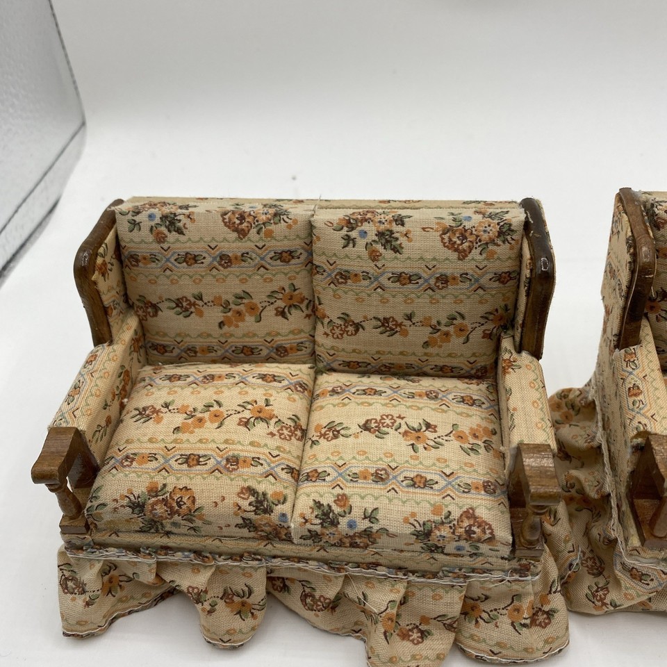 Dollhouse Miniatures Living Room Set Two Floral Pieces Vintage Sofa ...
