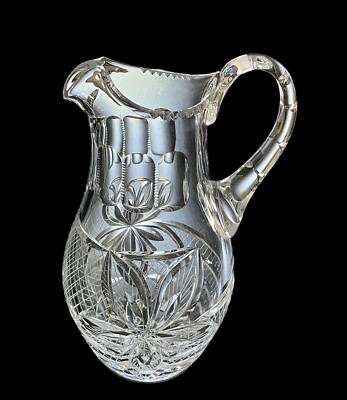Vintage Hand Cut Lead Crystal Pitcher Clear Etched Flowers 9.5” Applied ...