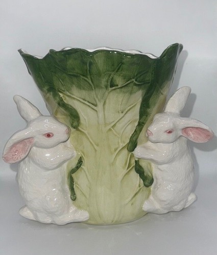 JUBILEE BISQUE PORCELAIN WHITE RABBITS W LETTUCE VASE 7432 EASTER ...