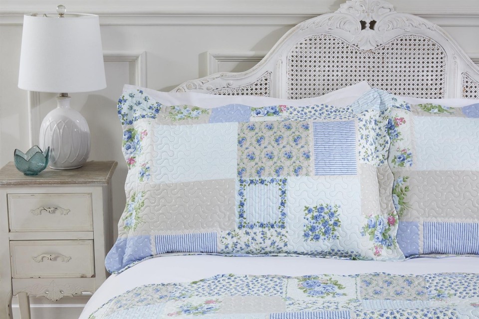 Cotswold Floral Patchwork Quilted Throw Bedspread & Pillowshams Throwover Blue | eBay UK