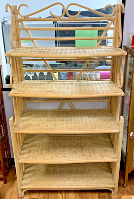 VTG 1970s Coastal Hand Made Rattan Bakers Rack w/ 4 Wicker Shelves - 39 ...