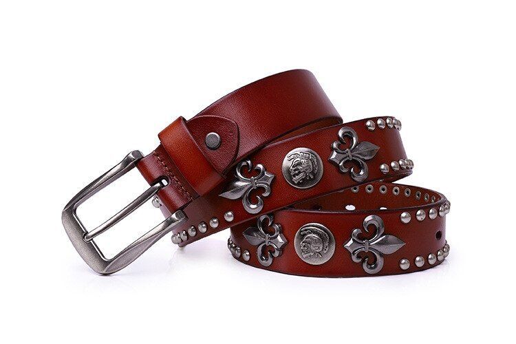 Metal Rivet Cowboy Belt - Genuine Leather Strap Belt … - Gem
