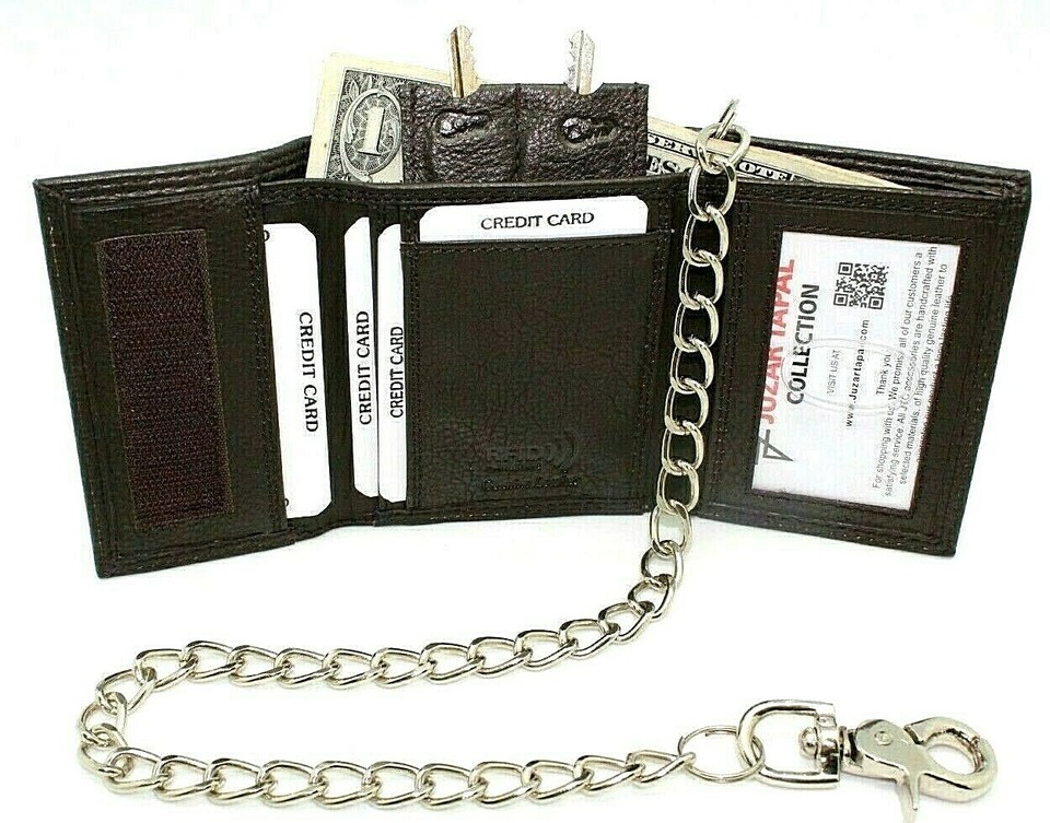 RFID Leather Trifold Chain Wallet & without chain Snap closer Hidden ...