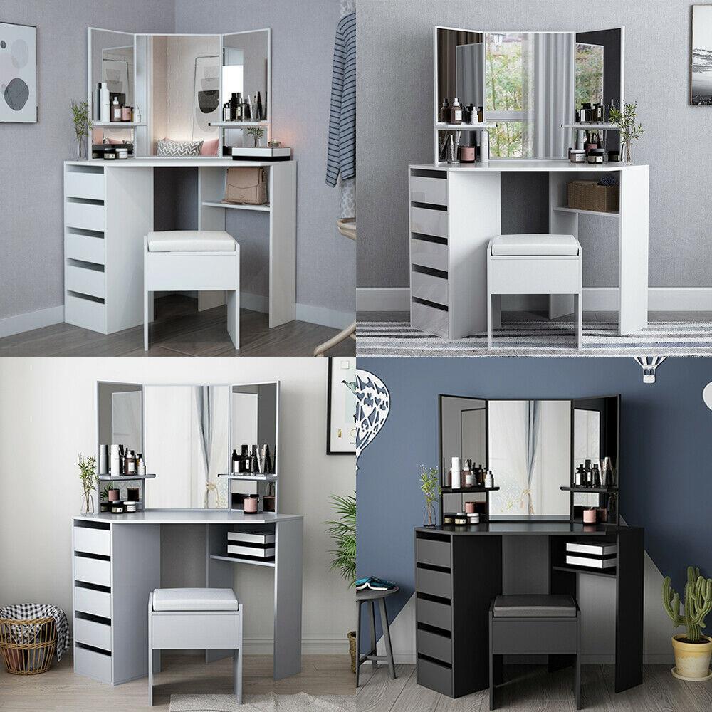 Luxury White Corner Dressing Table Multi-angle Mirror With Stool Desk 5 ...