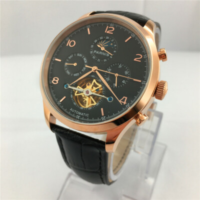 43mm parnis Moon Phase Steel black Dial Rose Gold Case Automatic Men's ...