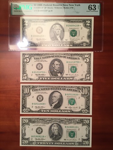 1995 Rare $2 $5 $10 $20 New York (B) Fed Reserve Star Note Collection ...