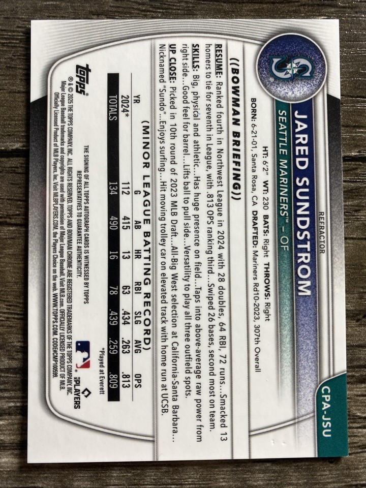 2025 Bowman - Chrome Prospect Auto Refractor #CPA-JSU Jared Sundstrom ...