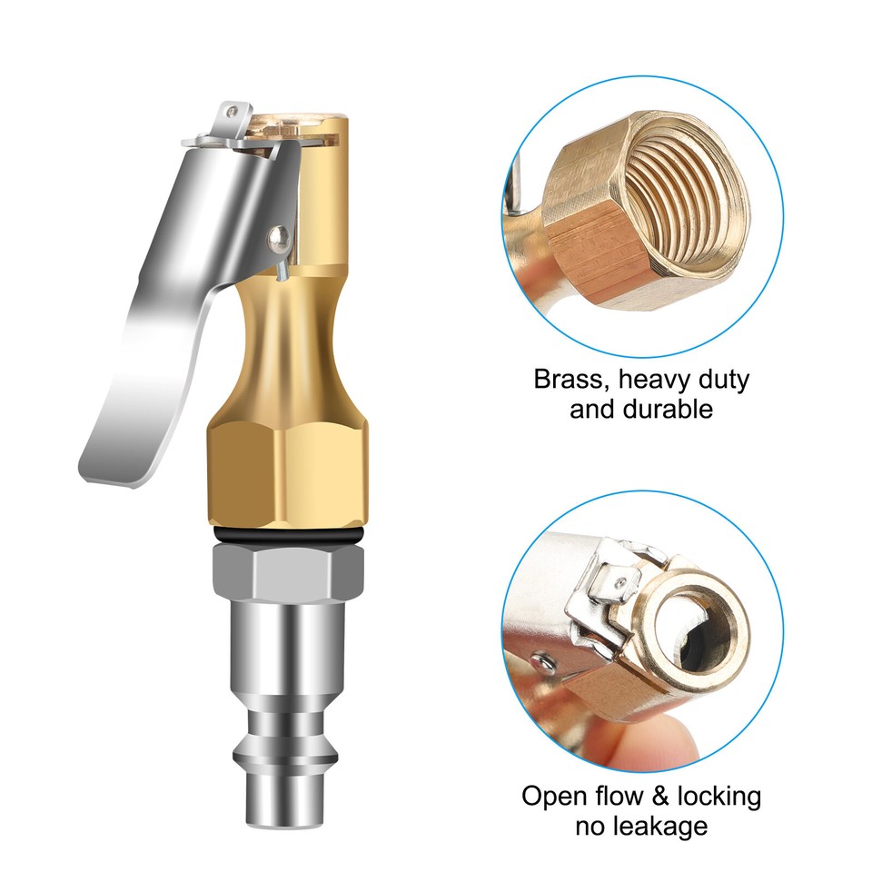 250 PSI Brass Lock-on Air Chuck with Tire Inflator for Schrader Valve 1 ...