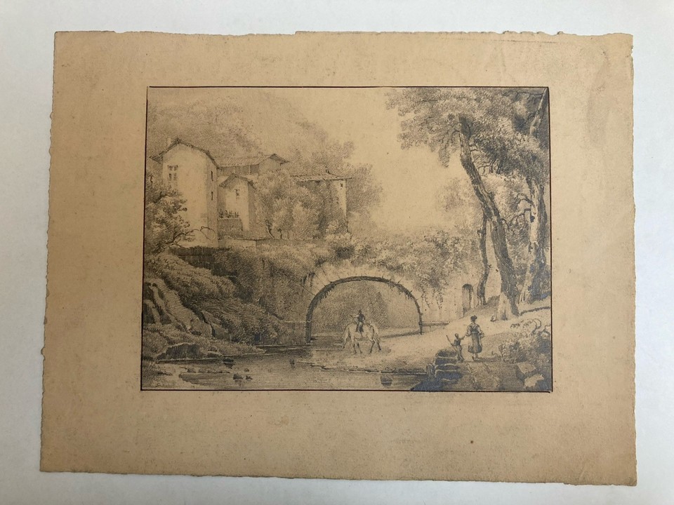 Very Beautiful Drawing XIX 1850 Pencil Landscape Bridge Horse Horses ...
