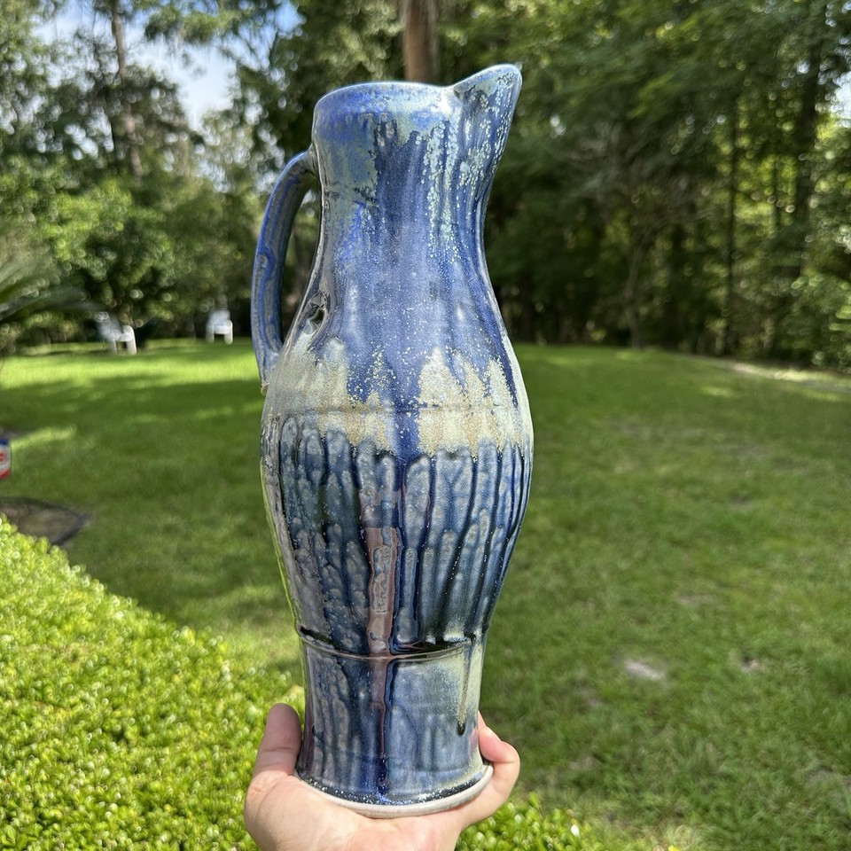 Tim Sherman Studio Pottery Pitcher Wood Fired Blue Drip Ash Glaze ...