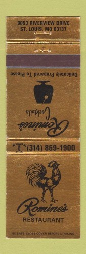 Matchbook Cover - Romine's Restaurant rooster St Louis MO GOLD | eBay