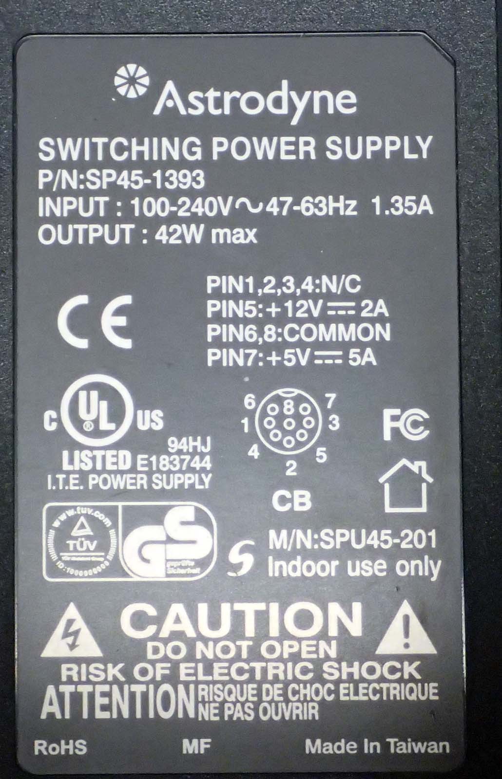ASTRODYNE SP45-1393 SWITCHING POWER SUPPLY, INPUT: 100-240V OUTPUT:42W ...