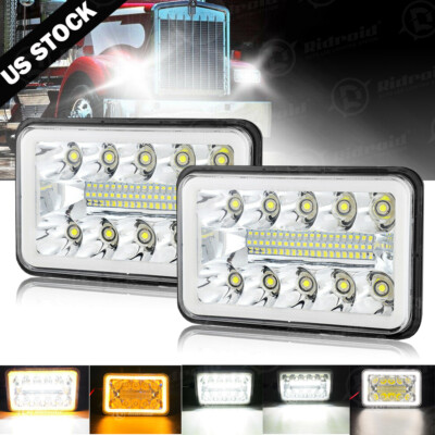 Pair 4x6"Inch LED Rectangle Headlights Hi/Lo Sealed Beam w/ DRL For ...