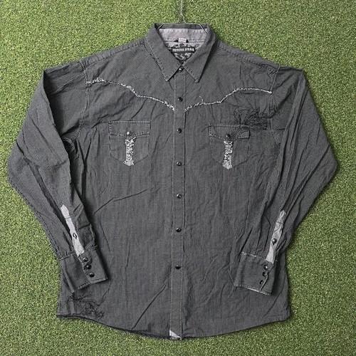 Y2K Indigo Star Embroidered Graphic Striped Grey Button Down Shirt Long ...