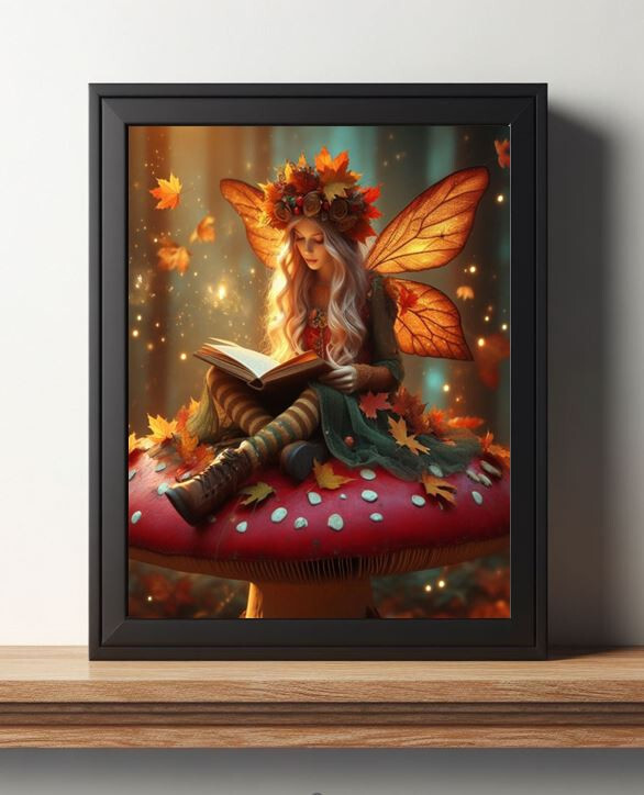 Autumn Fairy Reading a book on a Mushroom Whimsical FairyCore Fantasy ...