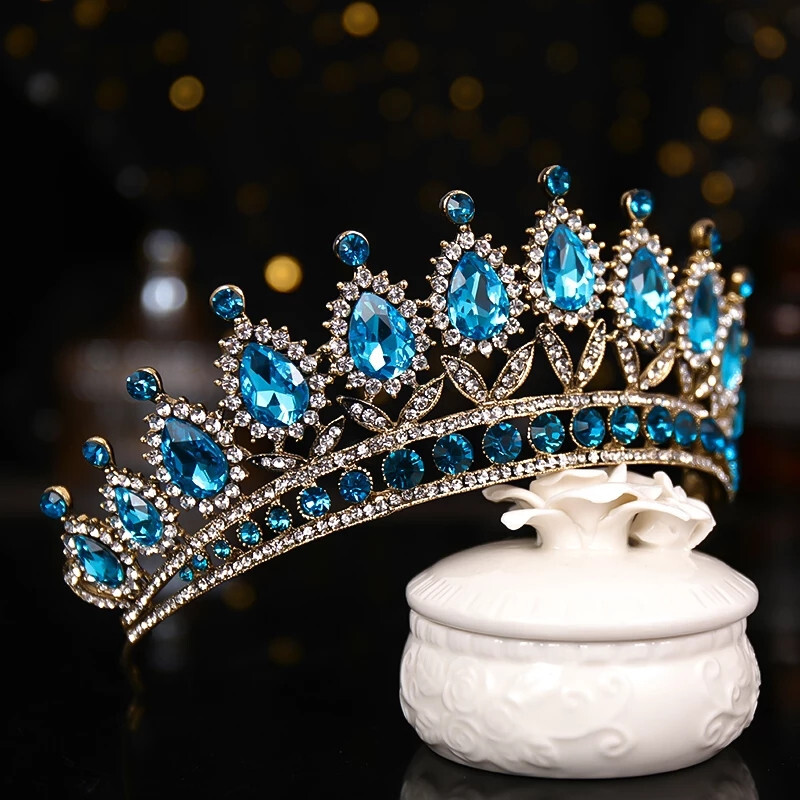 Vintage Silver Blue Crown Tiara real metal gift birthday diadem Aqua ...