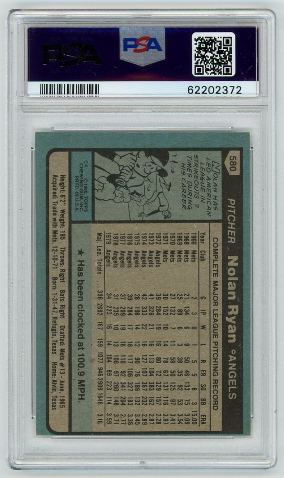 1980 TOPPS #580 NOLAN RYAN HOF MLB HALL OF FAME PSA 8(oc) | eBay