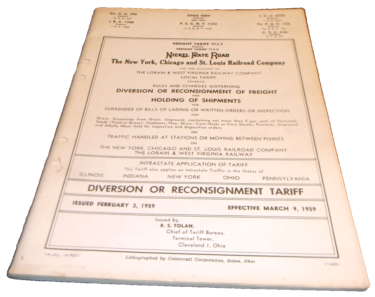 MARCH 1959 NKP NICKEL PLATE ROAD DIVERSION OR RECONSIGNMENT TARIFF | eBay