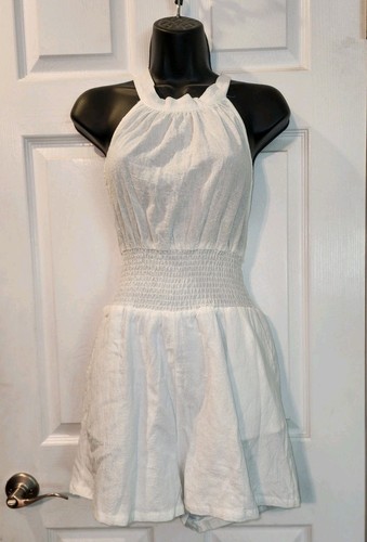 White High Neck, Open Back Shorts Romper Elastic Shirred Waist New Sz S ...
